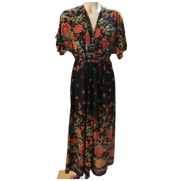 Zara | Dresses | Zara Woman Black Red Maxi Long Dress Cabbage Rose Faux ...